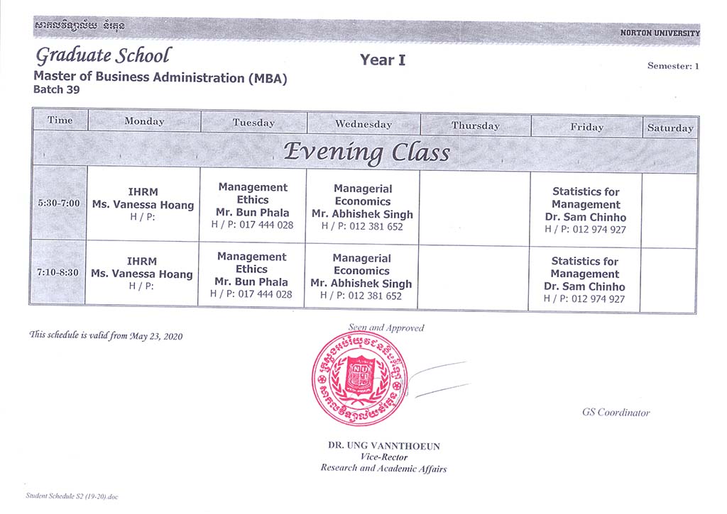 Graduate School Schedule, Semester 2 - Norton University