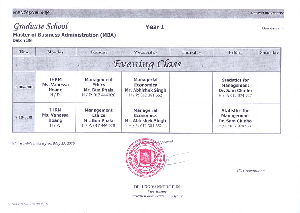 Graduate School Schedule, Semester 2 | Norton University (NU)