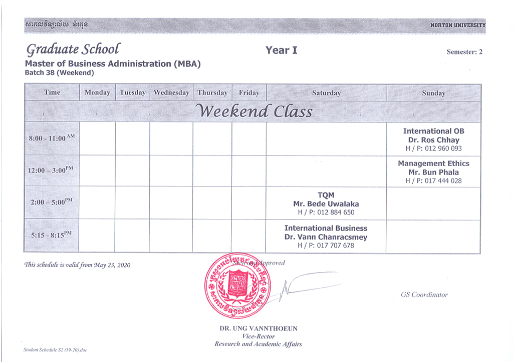 Graduate School Schedule, Semester 2 | Norton University (NU)